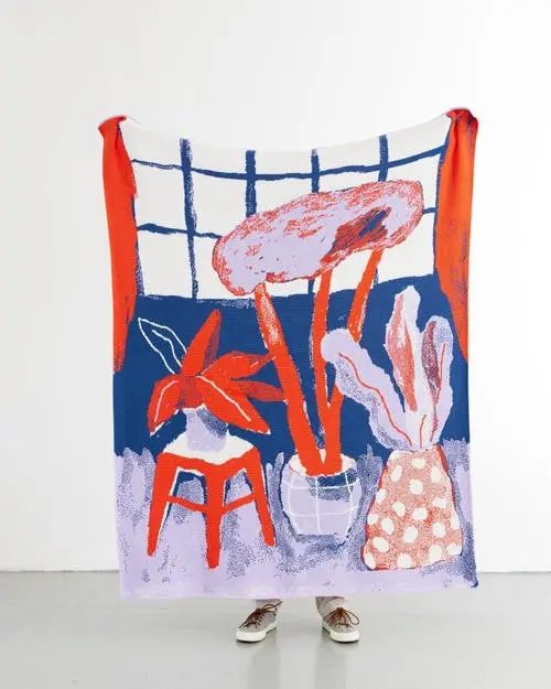 BIQUETTE House Plants Knit Throw Blanket - Blue Night