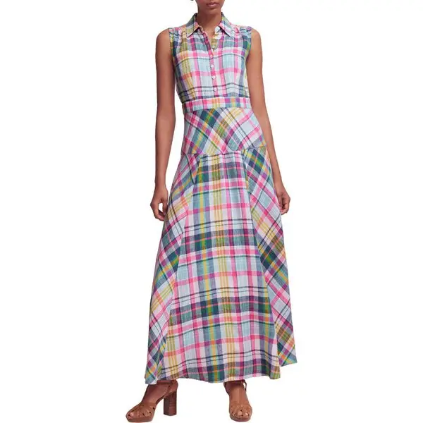 Boden Erma Madras Linen Maxi Dress - Blue Pink And Green Madras