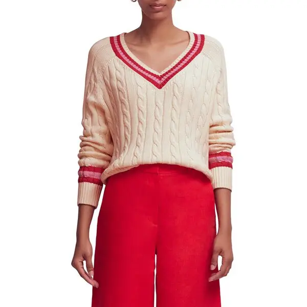 Boden Maeve Cable Stitch Cotton V-neck Sweater - Ivory Cable Red