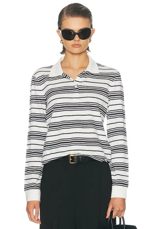 FRAME Striped Long Sleeve Polo - Cream Multi
