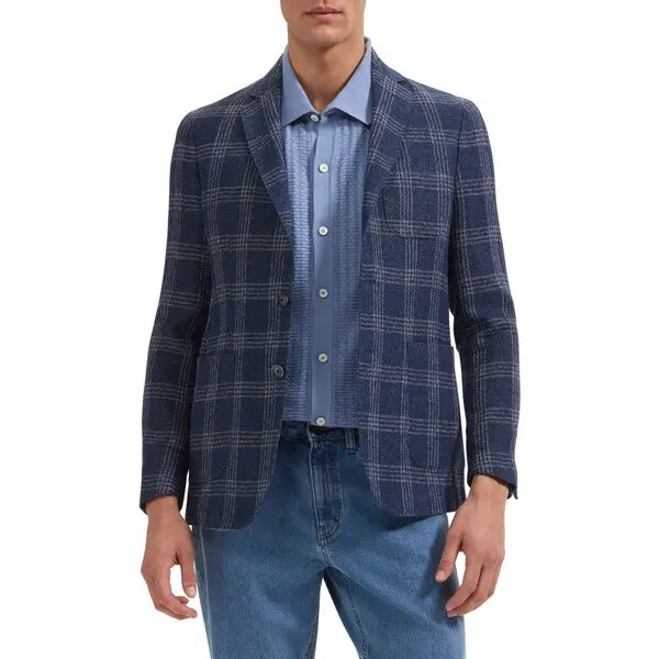Bugatchi Windowpane Check Cotton & Linen Blend Blazer - Navy