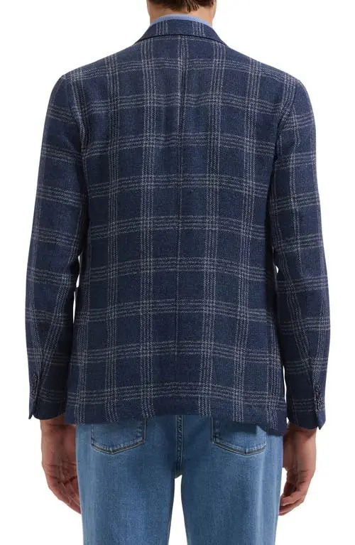 Bugatchi Windowpane Check Cotton & Linen Blend Blazer - Navy