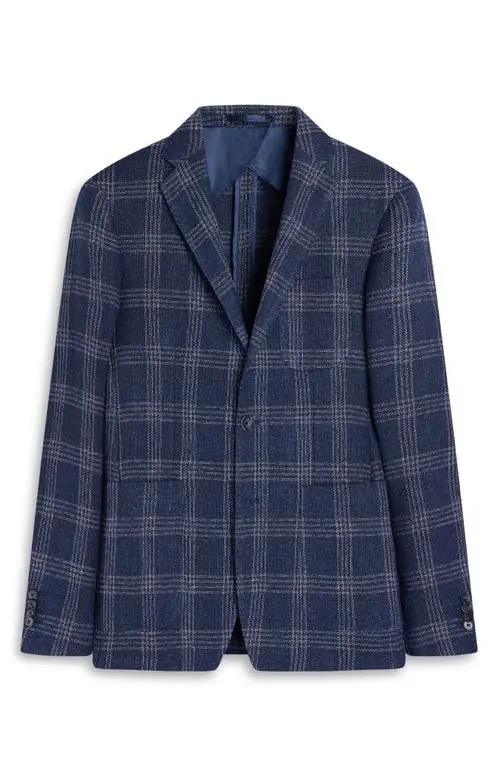 Bugatchi Windowpane Check Cotton & Linen Blend Blazer - Navy
