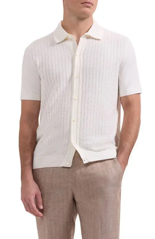 Bugatchi Basket Weave Knit Short Sleeve Cotton Full Button Cardigan - Chalk
