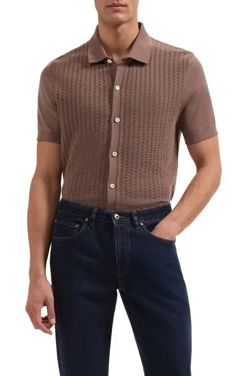 Bugatchi Basket Weave Knit Short Sleeve Cotton Full Button Cardigan - Tobacco