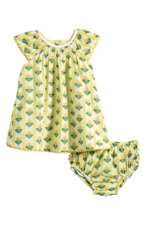 Boden Floaty Shirred Cotton Dress And Bloomers Set - Yellow Flower Stem