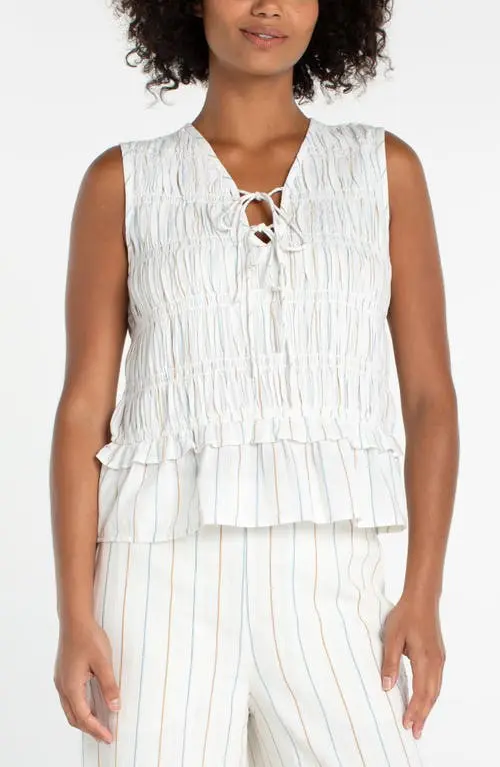 LIVERPOOL Stripe Smocked Tie Sleeveless Cotton Tank - Cream/blue Multi Stripe