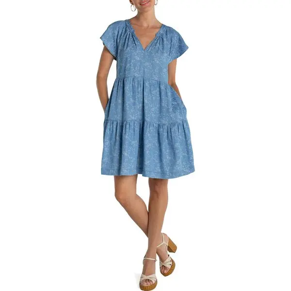 LIVERPOOL Tiered Floral Flutter Sleeve Denim Dress - Indigo Roses