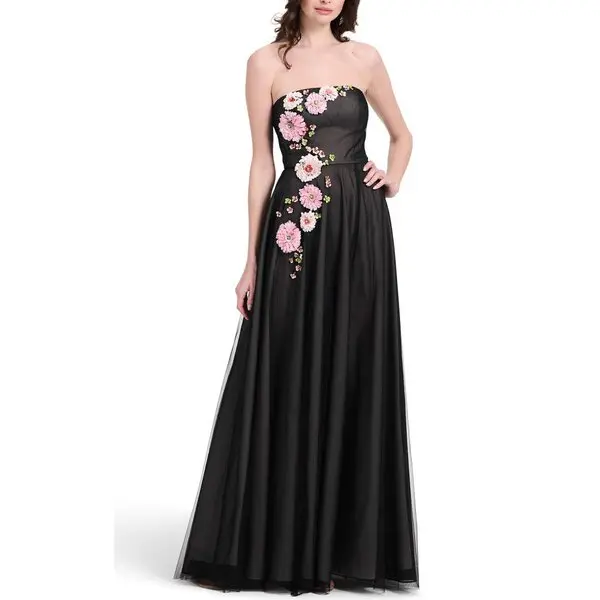 EMILY SHALANT 3d Floral Strapless Tulle Gown - Black Multi