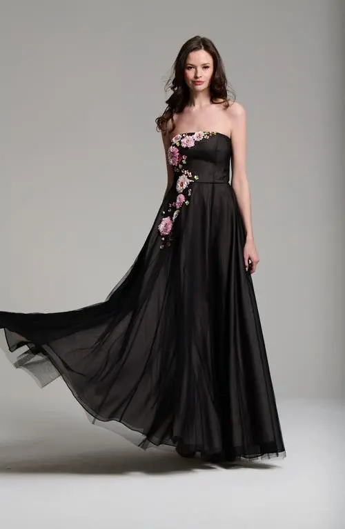 EMILY SHALANT 3d Floral Strapless Tulle Gown