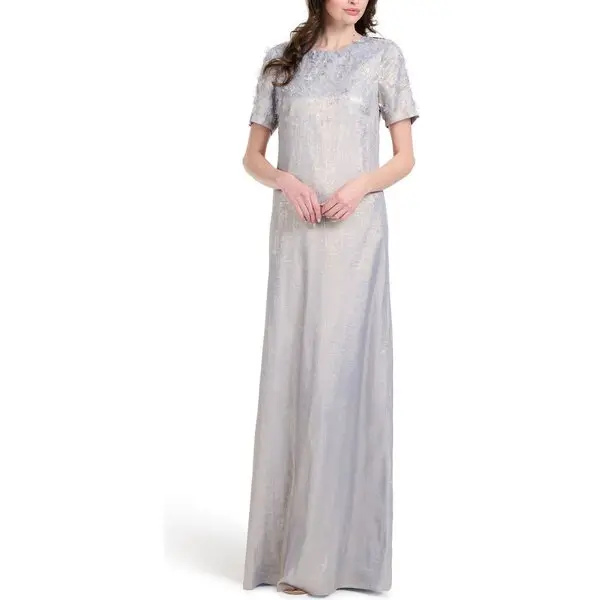 EMILY SHALANT Beaded Metallic Chiffon Gown - Light Blue