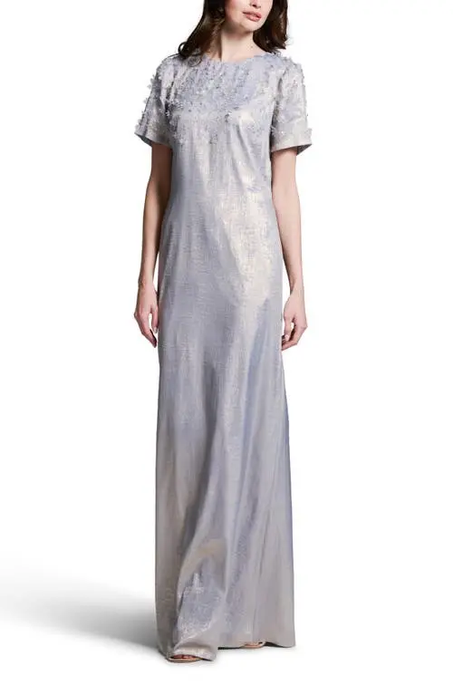 EMILY SHALANT Beaded Metallic Chiffon Gown