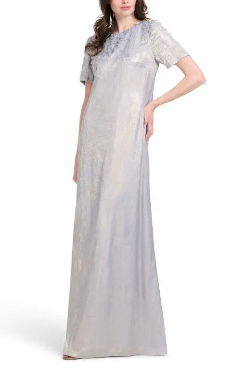 EMILY SHALANT Beaded Metallic Chiffon Gown