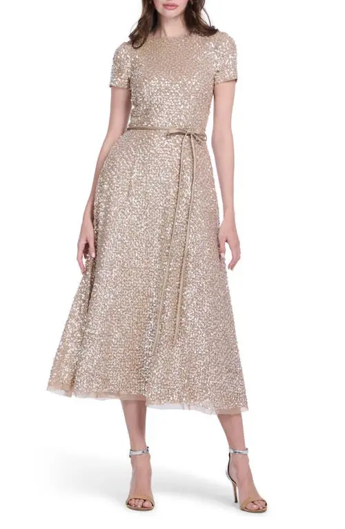 EMILY SHALANT Sequin-encrusted Tie-waist Cocktail Dress - Suntan