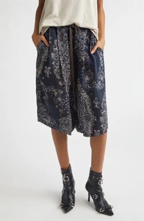 R13 Pleated Jumbo Drawstring Waist Cupro Shorts - Blue Medallion Print