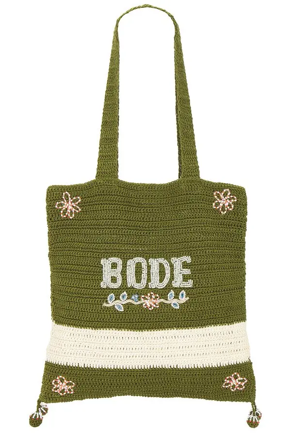 BODE Marsh Crochet Tote Bag - Green & Cream