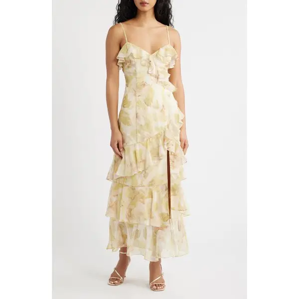 Lulus Tessia Ruffle Evening Dress - Yellow Floral
