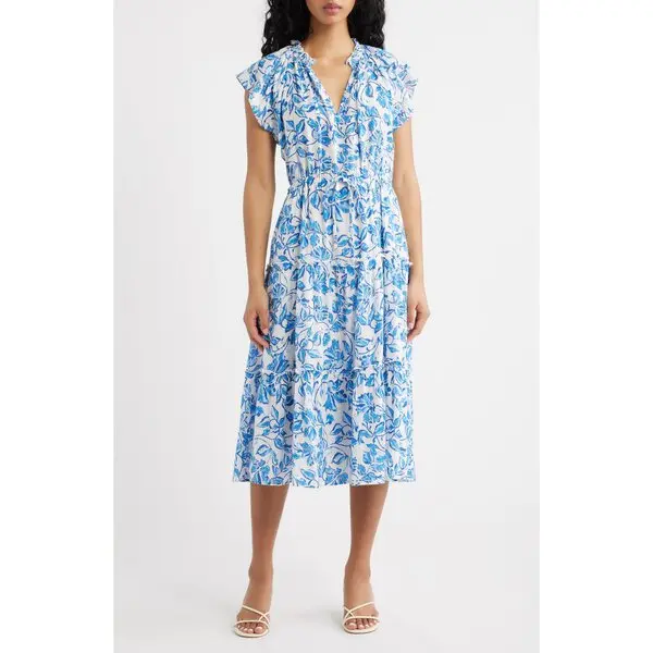 Rails Juni Floral Tie Waist Linen Blend Midi Dress - Azure Jasmine