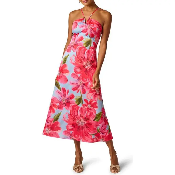 Adrianna Papell Floral Satin Crepe Halter Maxi Dress - Blue/pink Multi