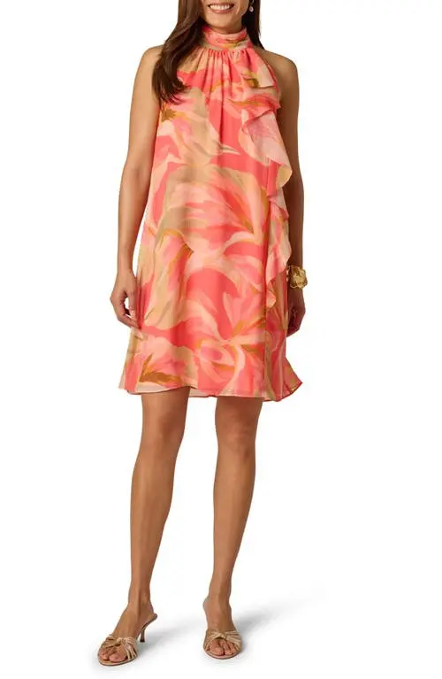 Adrianna Papell Floral Print Halter Trapeze Dress - Coral Multi