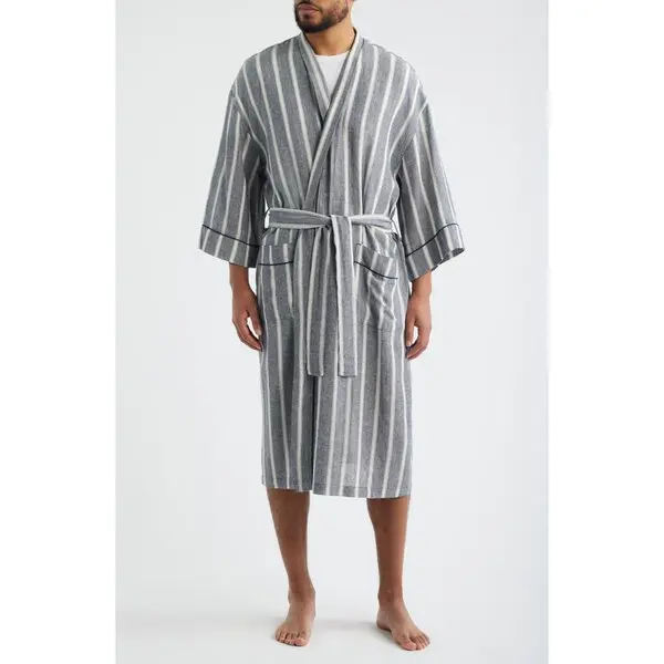 Majestic International Textured Retreat Stripe Shawl Collar Woven Cotton Robe - Navy/beige