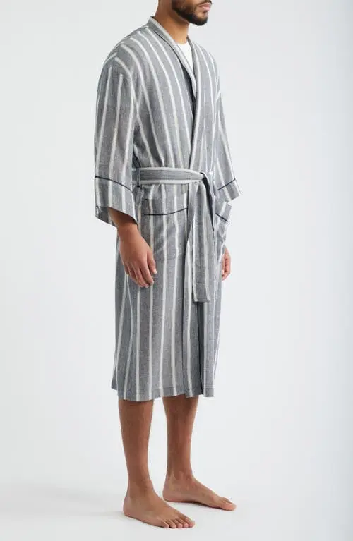 Majestic International Textured Retreat Stripe Shawl Collar Woven Cotton Robe - Navy/beige