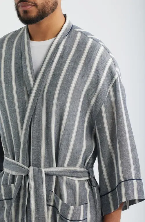 Majestic International Textured Retreat Stripe Shawl Collar Woven Cotton Robe - Navy/beige