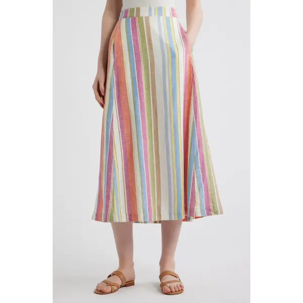 Pendleton Striped Linen Blend Midi Skirt - Ivory Multi Stripe