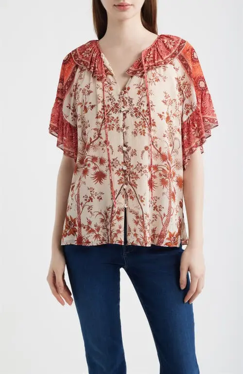 Kobi Halperin Verity Floral Print Flutter Sleeve Top - Bright Coral Multi