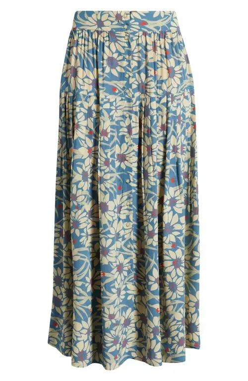 The Great. The Highland Floral Button Front Skirt - Blue Scattered Bloom