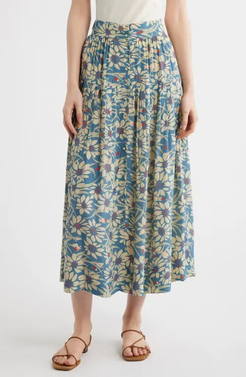 The Great. The Highland Floral Button Front Skirt - Blue Scattered Bloom