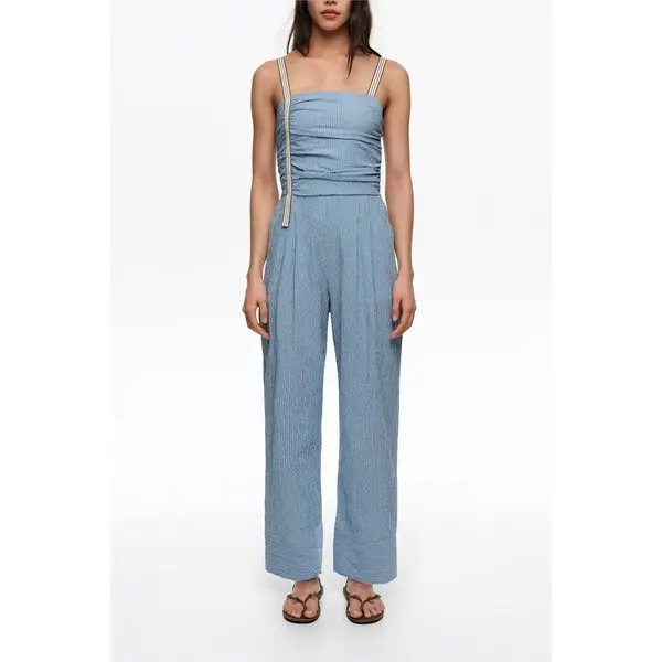 Bimba Y Lola Striped Jumpsuit With Gathered Straps - Light Blue