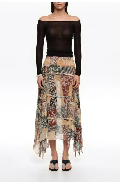 Bimba Y Lola Lace Fringed Midi Skirt - Lace Print Ivory