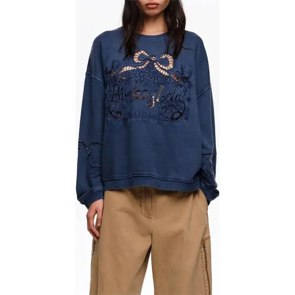 Bimba Y Lola Faded Sweatshirt With Broderie Anglaise Logo - Blue