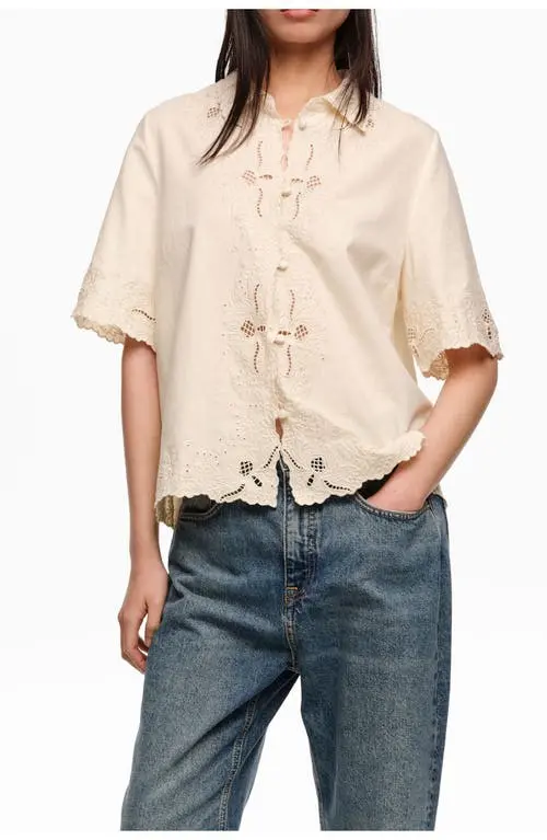 Bimba Y Lola Embroidered Linen-cotton Shirt - Beige