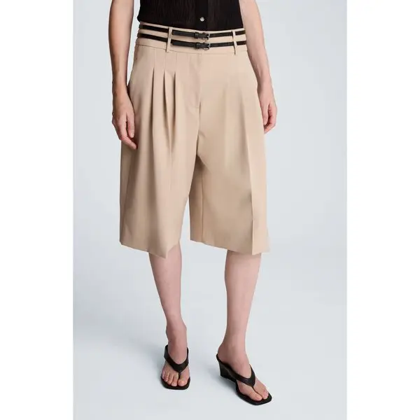 KENNETH COLE Belted Pleated Bermuda Shorts - Timeless Taupe