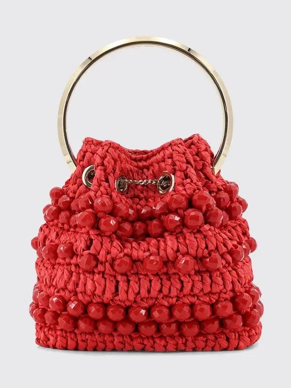 JIMMY CHOO Raffia Bucket Bag With Beading And Hoop Handle - Ruby