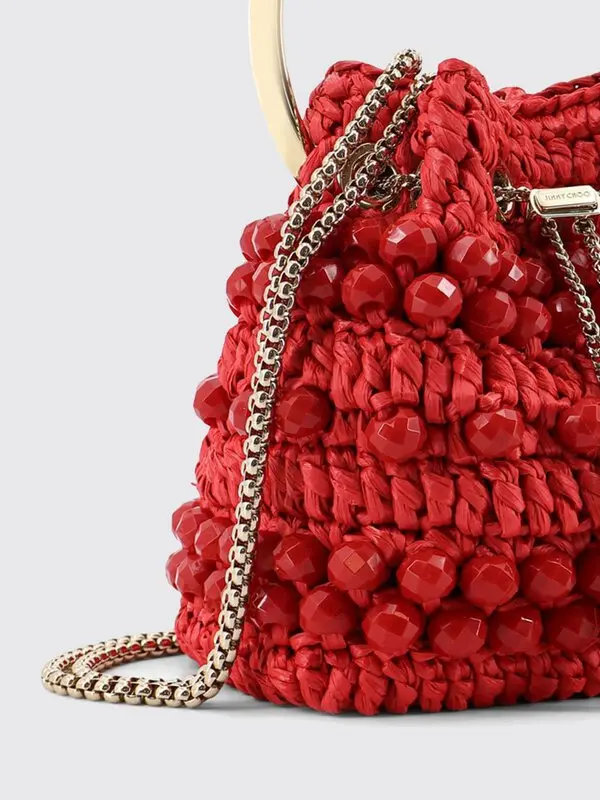 JIMMY CHOO Raffia Bucket Bag With Beading And Hoop Handle - Ruby