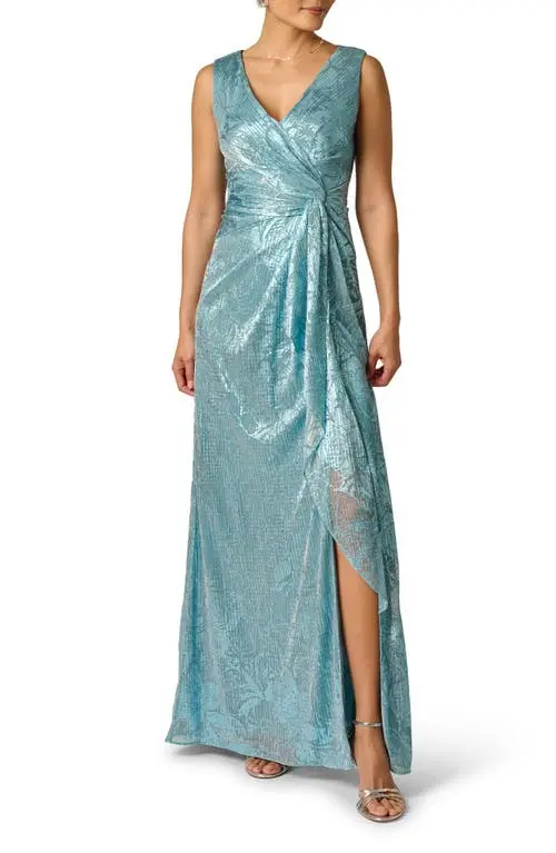 Adrianna Papell Metallic Crinkle Sleeveless Mesh Gown - Blue