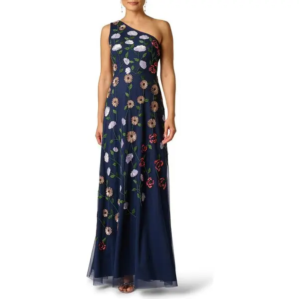 Adrianna Papell Beaded One-shoulder Mesh Gown - Navy Multi