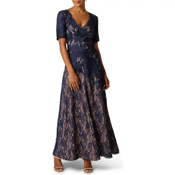 Adrianna Papell Soutache Lace Gown - Navy/nude