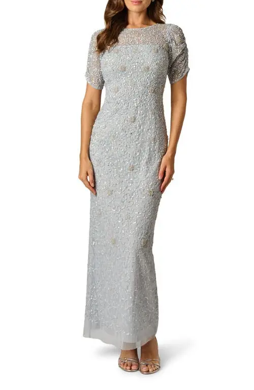 Adrianna Papell Ruched Sleeve Beaded Gown - Glacier