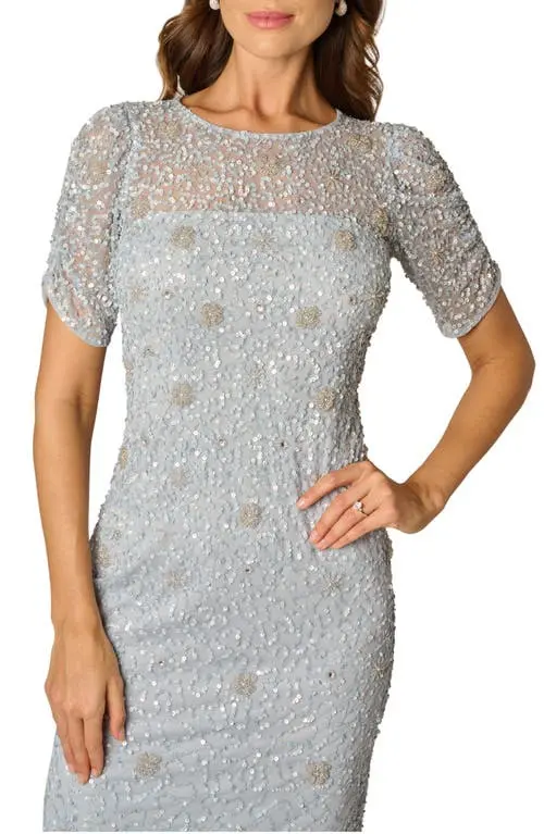 Adrianna Papell Ruched Sleeve Beaded Gown