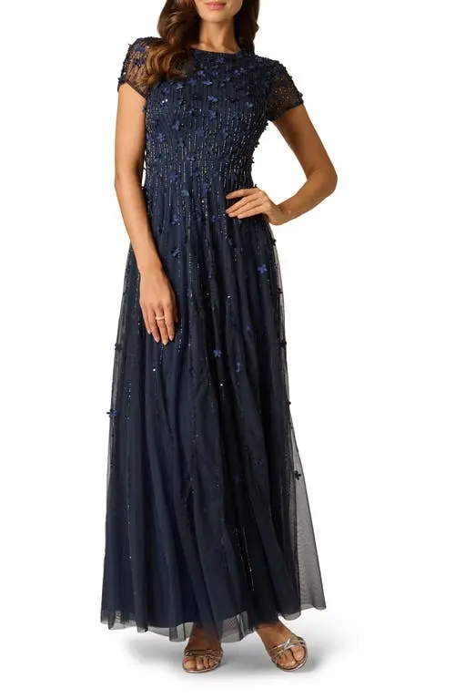 Adrianna Papell Beaded Appliqué Gown - Navy
