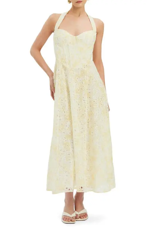 Bardot Eyelet Halter Midi Dress - Yellow Floral
