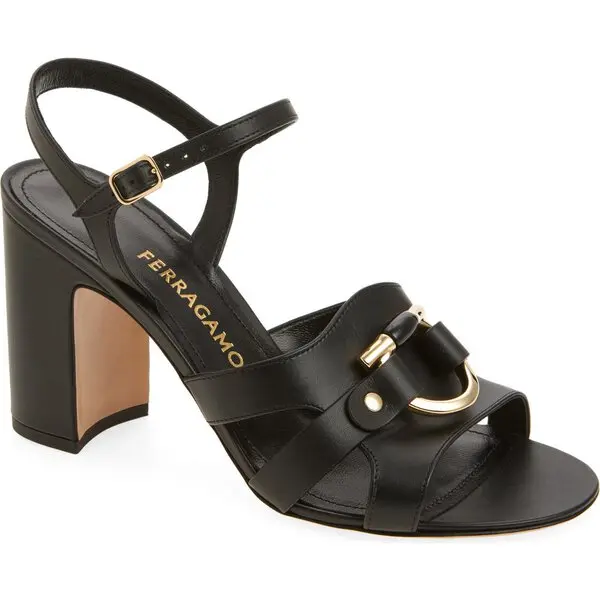 FERRAGAMO Lumya Gancio Ankle Strap Block Heel Sandal - Black