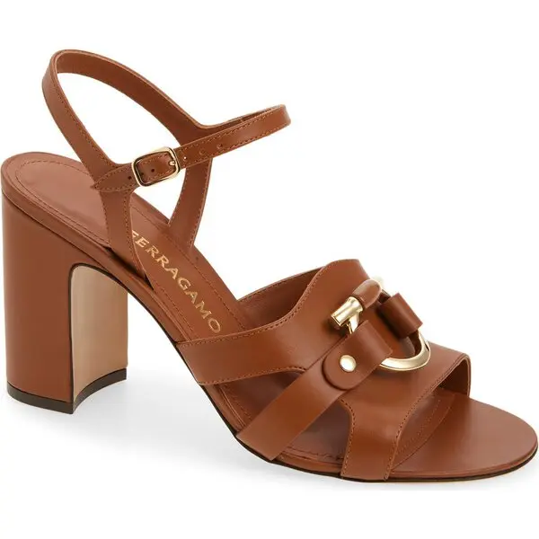FERRAGAMO Lumya Gancio Ankle Strap Block Heel Sandal - Brown