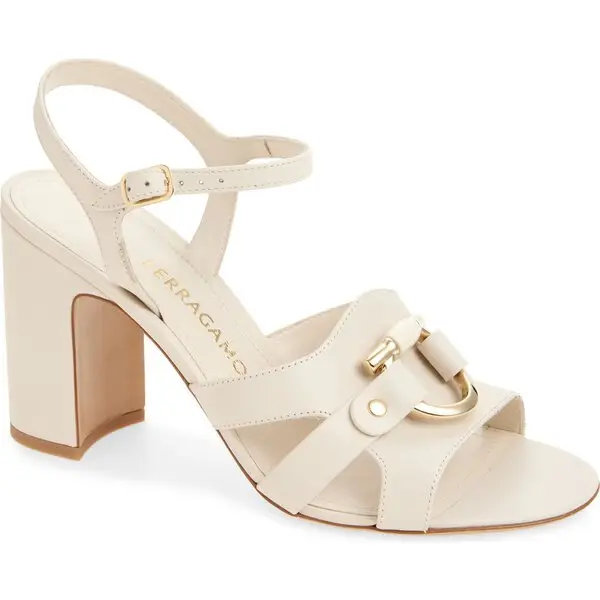 FERRAGAMO Lumya Gancio Ankle Strap Block Heel Sandal - White