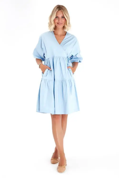 ACCOUCHEE Waterfall Tie Waist A-line Maternity/nursing Wrap Dress - Baby Blue