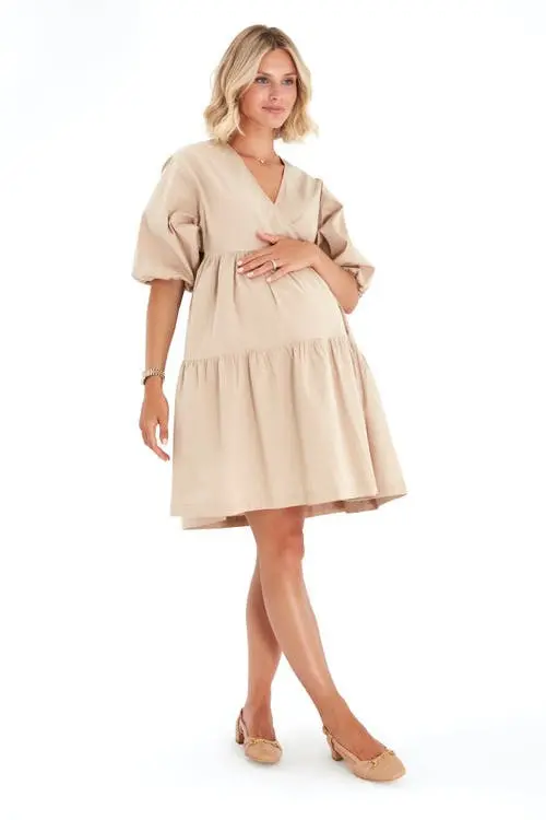ACCOUCHEE Waterfall Tie Waist A-line Maternity/nursing Wrap Dress - Beige